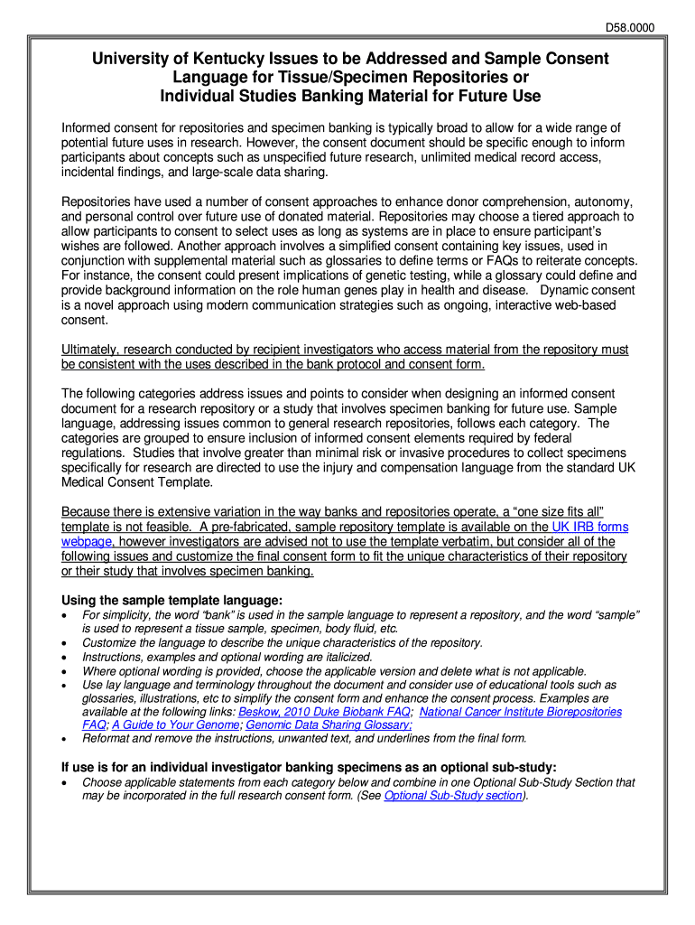 Fillable Online research uky Informed Consent for Specimen/Tissue Repositories Fax Email Print ...