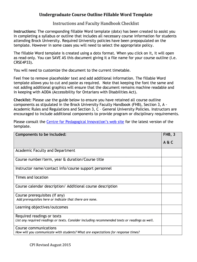Fillable Online brocku Undergraduate Course Outline Fillable Word ... - Brock University ...