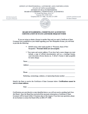Fillable Online Certificate of State Licensure Request - New Hampshire ...