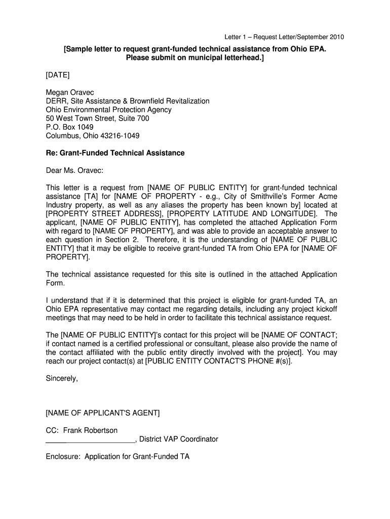 Fillable Online epa ohio Sample letter to request grant-funded ...