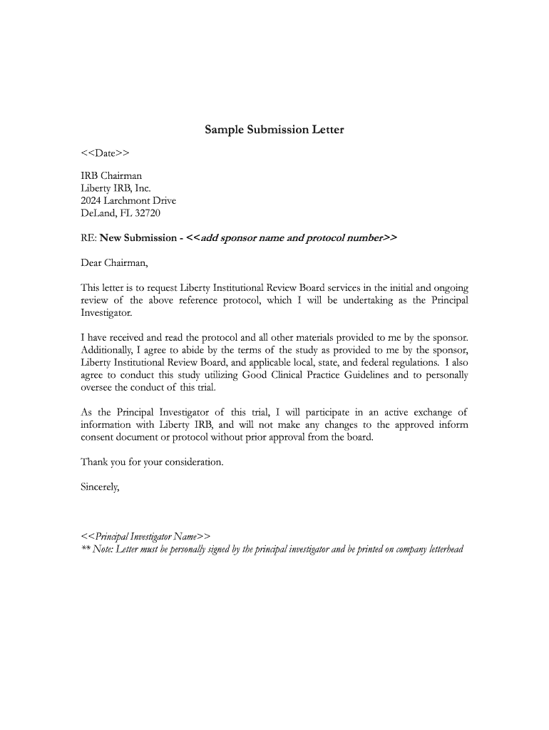 Fillable Online Sample Submission Letter - Liberty IRB Fax Email Print ...