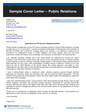 Fillable Online monash Sample Cover Letter Public Relations - Monash ...