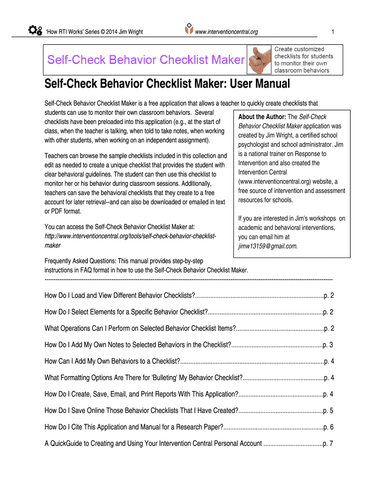 Fillable Online interventioncentral Self-Check Behavior Checklist Maker ...