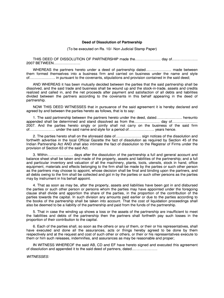 Fillable Online icsi Deed of Dissolution of Partnership (To be executed ...