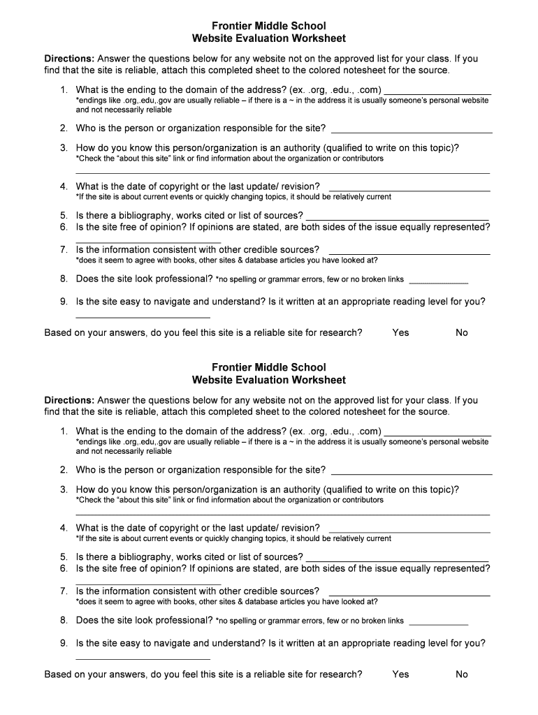 Fillable Online Frontier Middle School Website Evaluation Worksheet Fax ...