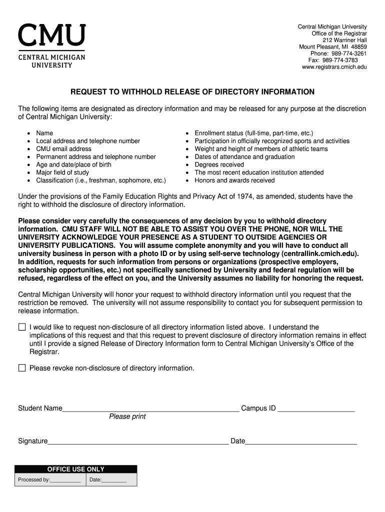 Fillable Online cmich Request to Withhold Release of Directory ...