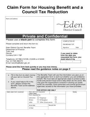 Fillable Online eden gov Claim Form for Housing Benefit and a Council ...