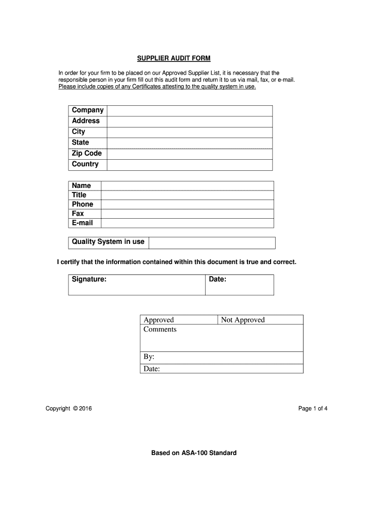 Fillable Online SUPPLIER AUDIT FORM Fax Email Print - pdfFiller