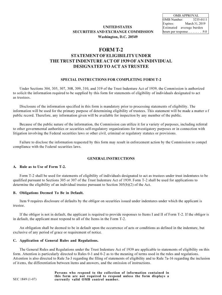 Fillable Online sec Form T-2 - SEC.gov Fax Email Print - pdfFiller