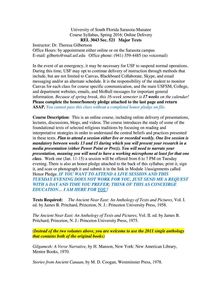 Fillable Online usfsm 17 weeks Please complete the honor/honesty pledge ...