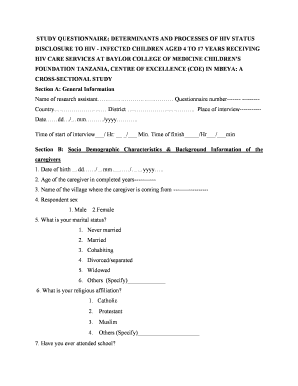 Fillable Online STUDY QUESTIONNAIRE; DETERMINANTS AND PROCESSES OF HIV ...