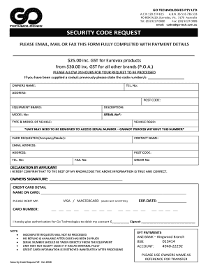 Fillable Online SECURITY CODE REQUEST - go-tech.com.au Fax Email Print ...