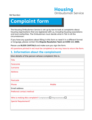 Fillable Online Com plaint form - Housing Ombudsman Service Fax Email ...