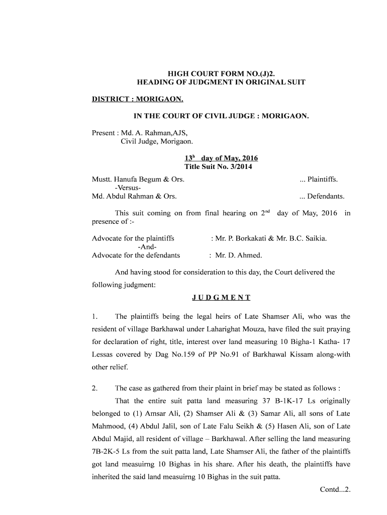 Fillable Online morigaonjudiciary gov HIGH COURT FORM NO.(J)2. HEADING ...