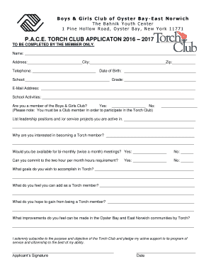 Fillable Online bgcoben P.A.C.E. TORCH CLUB APPLICATON 2016 2017 ...