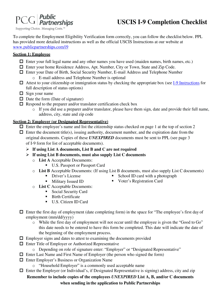 Fillable Online USCIS I-9 Completion Checklist Fax Email Print - pdfFiller