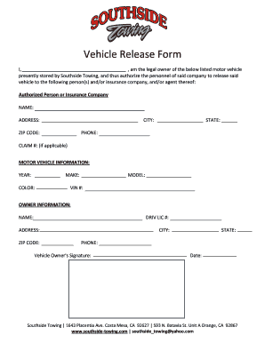 Fillable Online Vehicle Release Form - southside-towing.com Fax Email ...