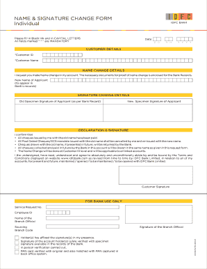 Fillable Online NAME & SIGNATURE CHANGE FORM Individual - IDFC Bank Fax ...