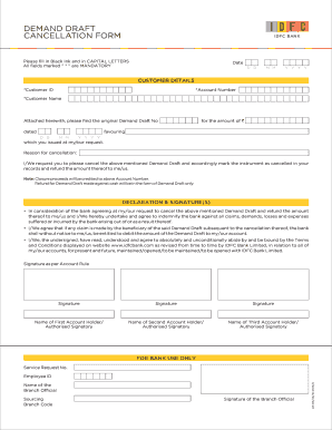Fillable Online demand draft cancellation form - IDFC Bank Fax Email ...