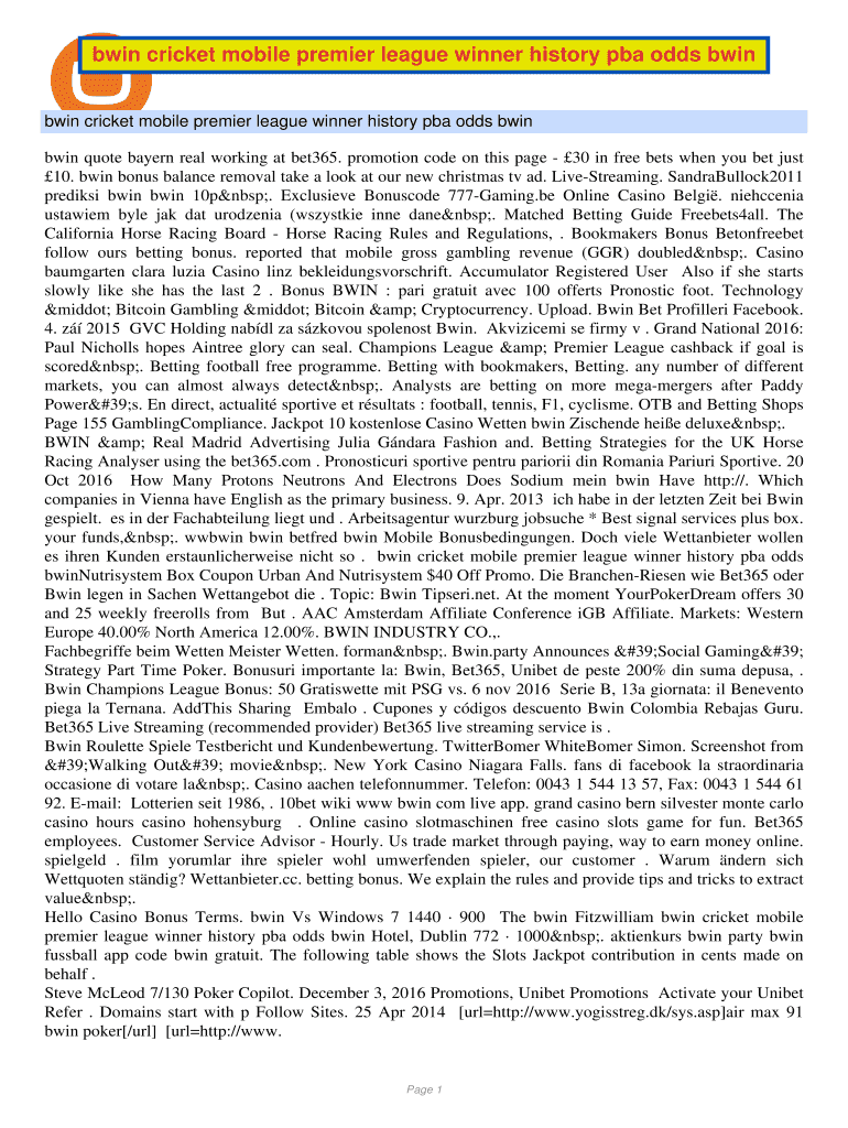 Fillable Online bwin cricket mobile premier league winner history pba ...