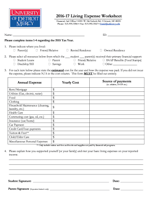 Fillable Online udmercy 2016-17 Living Expense Worksheet - udmercy Fax ...