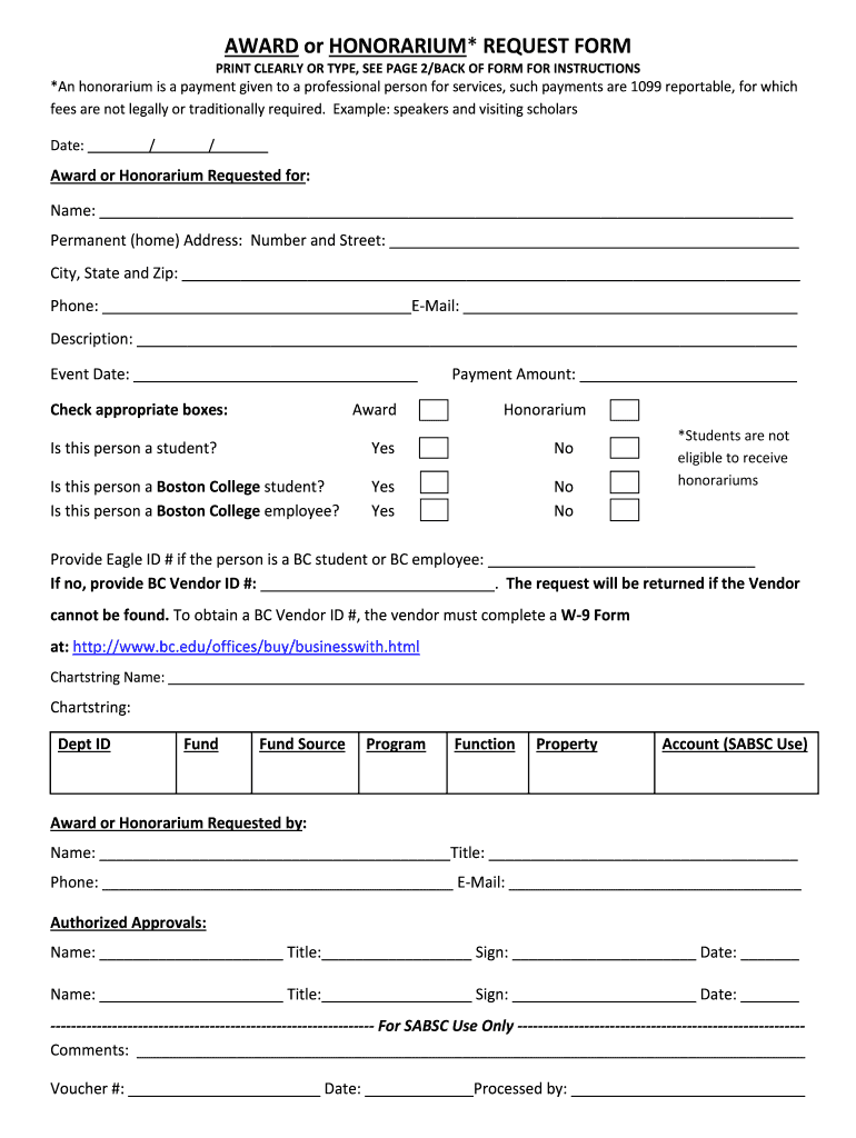 Fillable Online bc AWARD or HONORARIUM * REQUEST FORM - Boston College ...