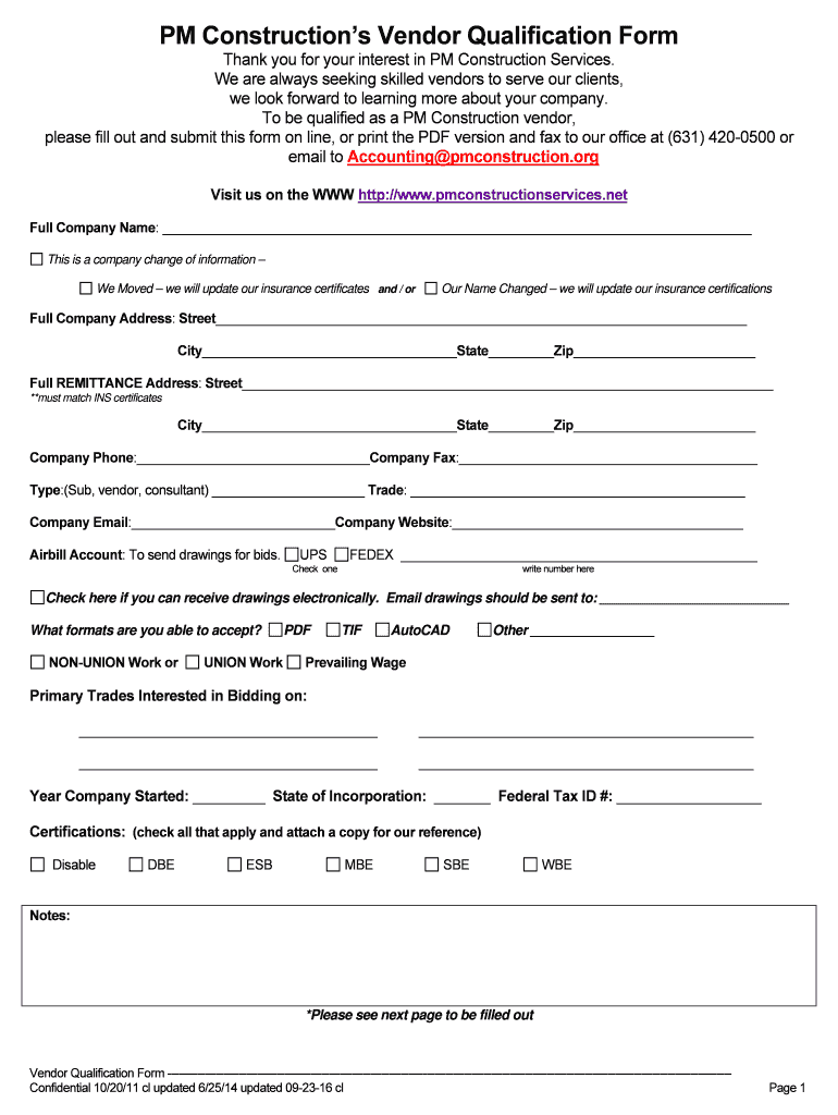 Fillable Online Vendor Qualification Form 09-23-16 cl Fax Email Print - pdfFiller