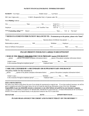 Fillable Online PATIENT FINANCIAL/INSURANCE INFORMATION SHEET Fax Email ...