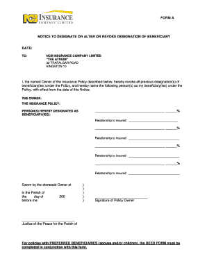 Fillable Online Beneficiary Designation (Form A) - NCB Insurance ...