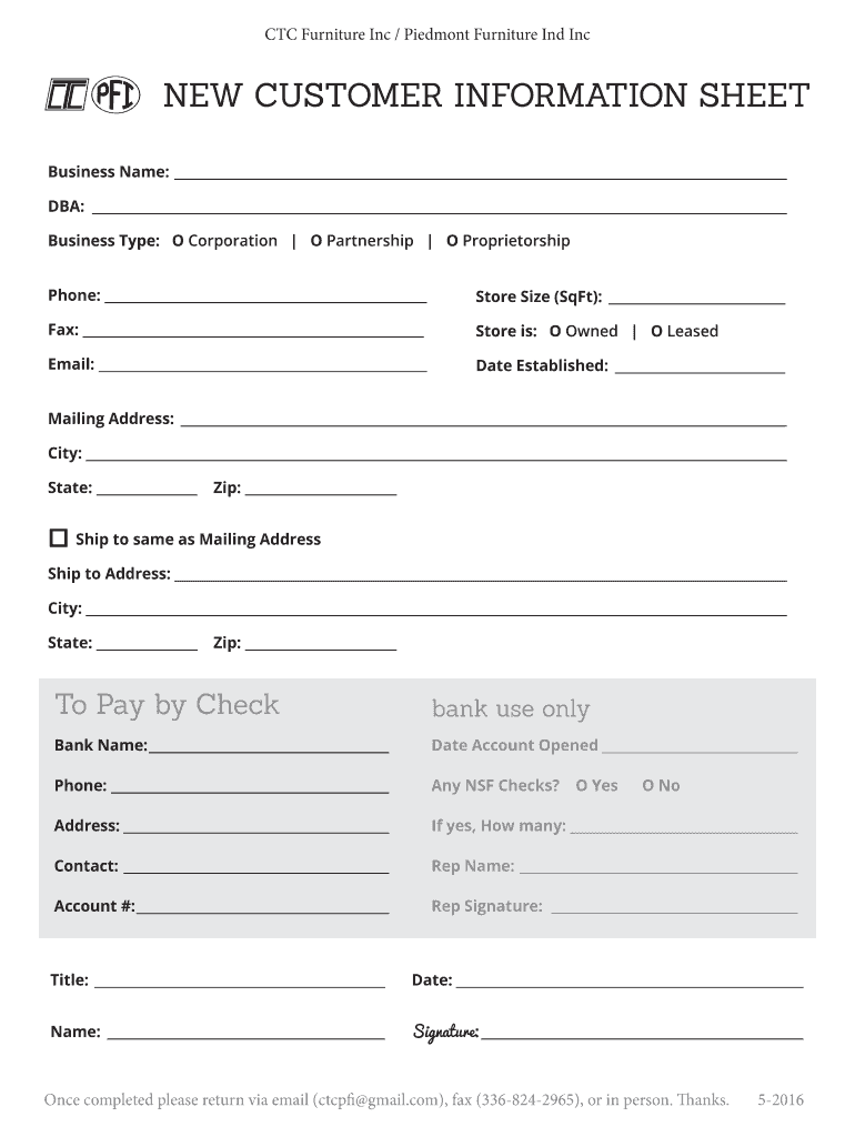 Fillable Online NEW CUSTOMER INFORMATION SHEET - ctcpfi.com Fax Email ...