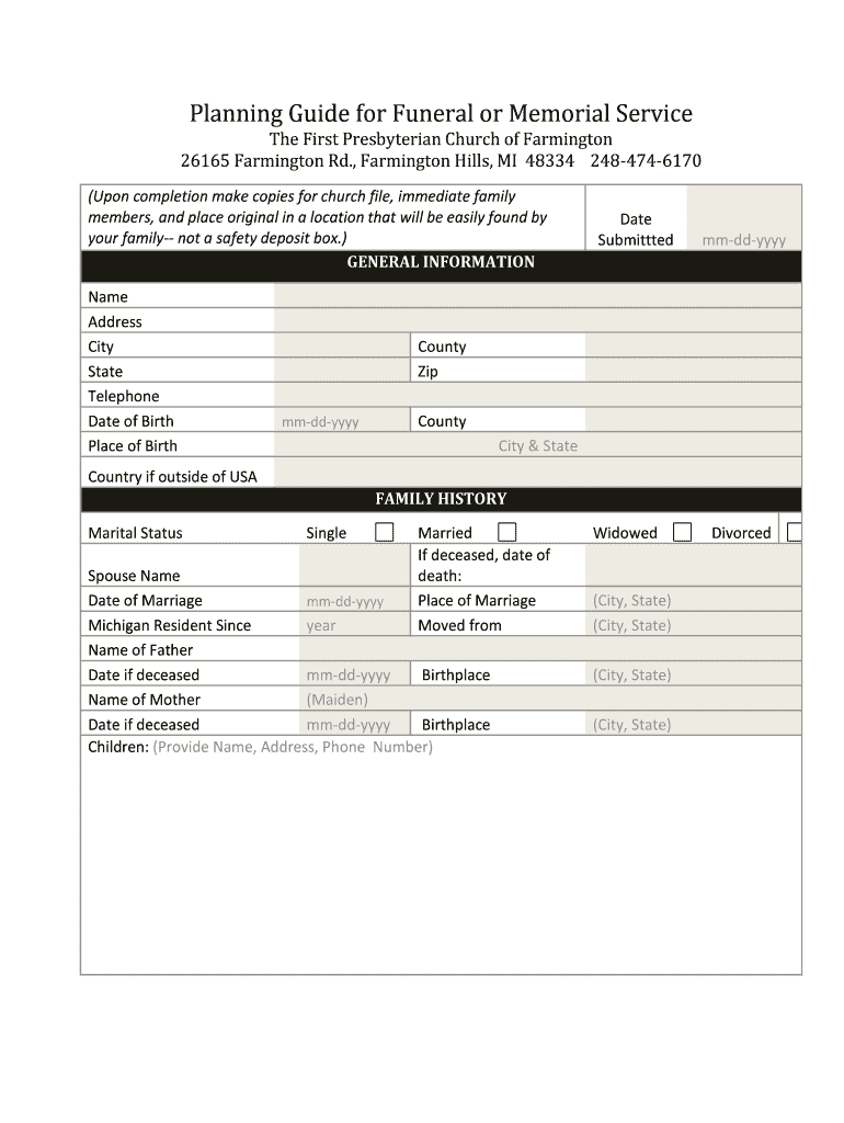 Fillable Online farmington-pres Planning Guide for Funeral or Memorial ...