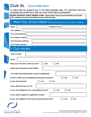 Fillable Online slleisureandculture co Club SL Club Profile form ...