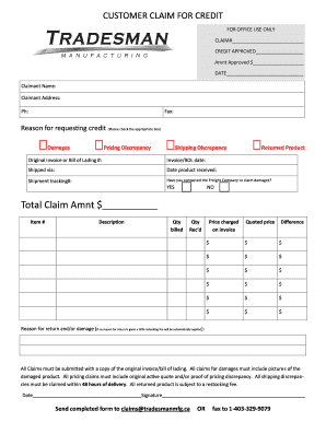 Fillable Online tradesmanmfg CUSTOMER CLAIM FOR CREDIT Fax Email Print ...