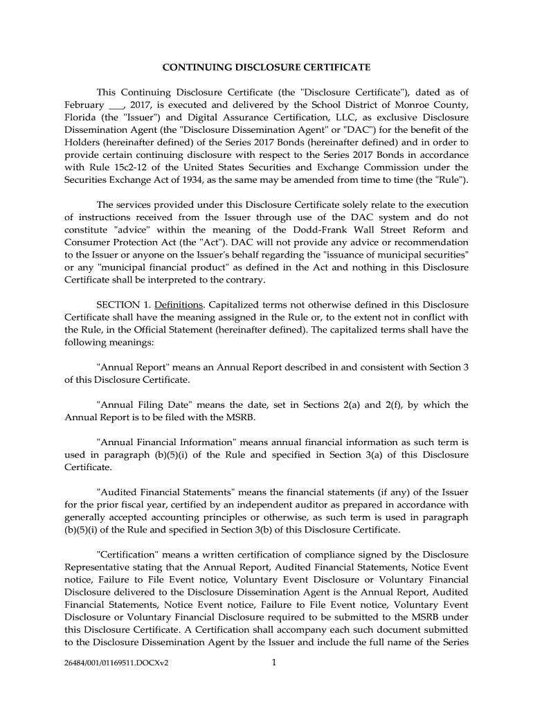 Fillable Online 1 CONTINUING DISCLOSURE CERTIFICATE This Continuing ...