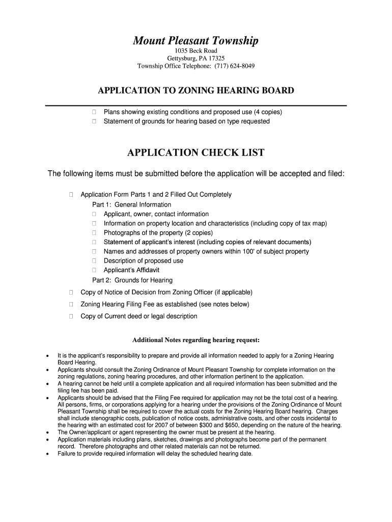 Fillable Online adams pacounties APPLICATION TO ZONING HEARING BOARD - adams.pacounties.org Fax ...
