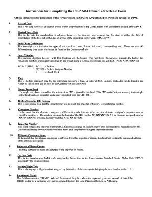 Fillable Online Instructions for Completing the CBP 3461 Immediate ...