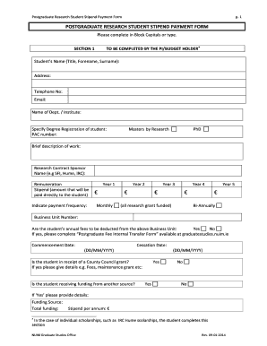 Fillable Online POSTGRADUATE RESEARCH STUDENT STIPEND PAYMENT FORM Fax ...