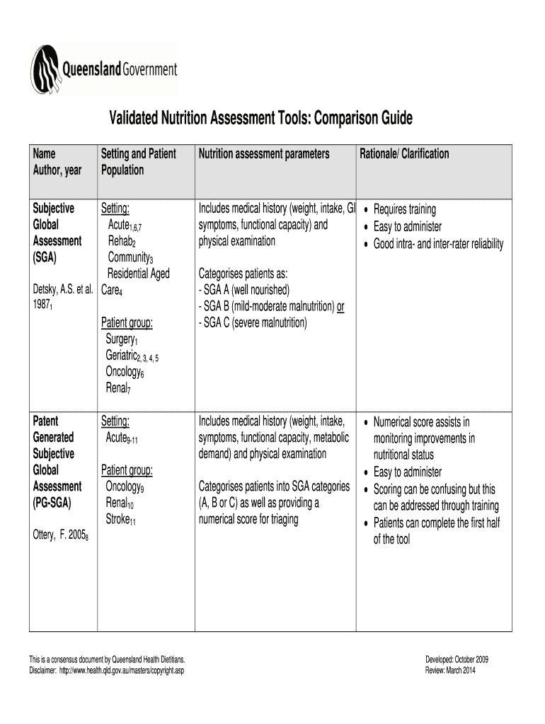Fillable Online Validated Nutrition Assessment Tools: Comparison Guide ...