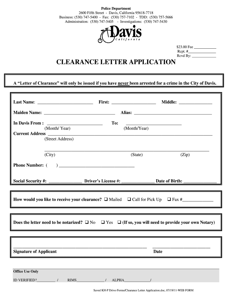Fillable Online frompolice cityofdavis CLEARANCE LETTER APPLICATION ...