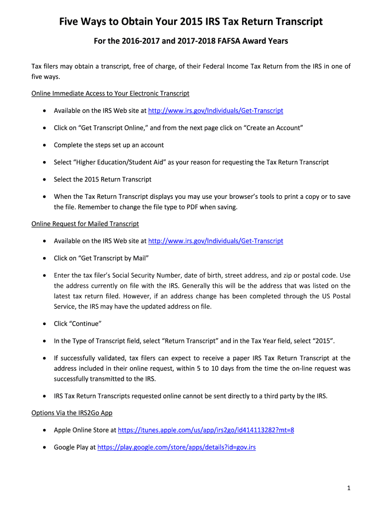 Fillable Online Five Ways to Obtain Your 2015 IRS Tax Return Transcript ...