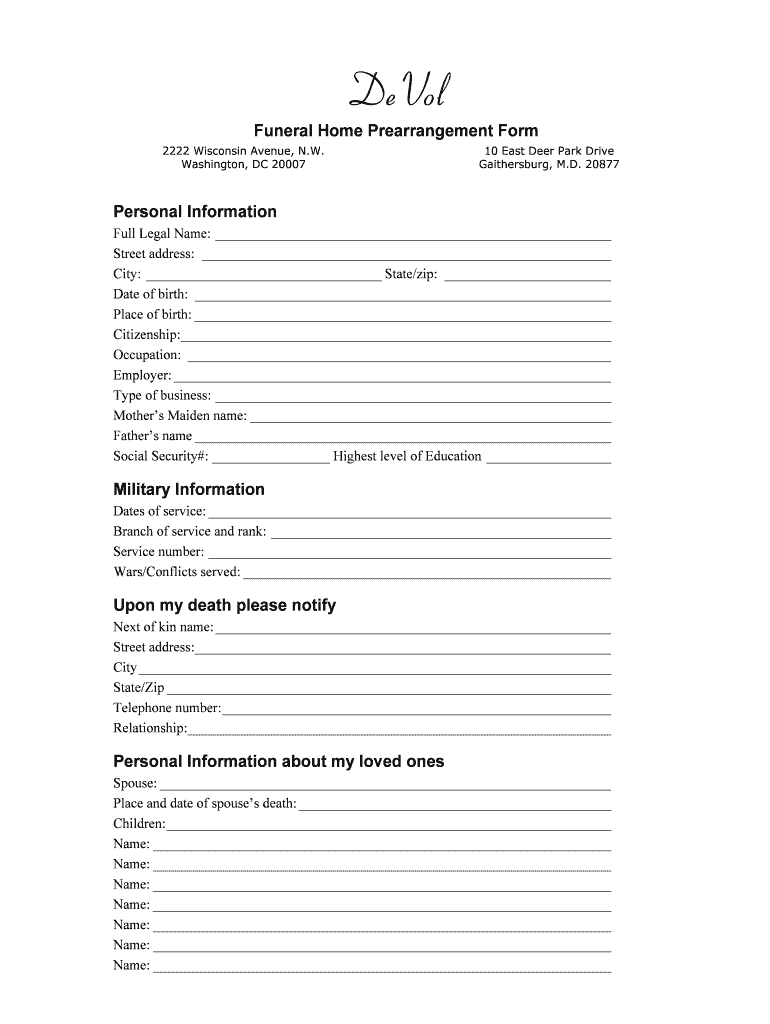 Fillable Online Funeral Home Prearrangement Form Fax Email Print ...