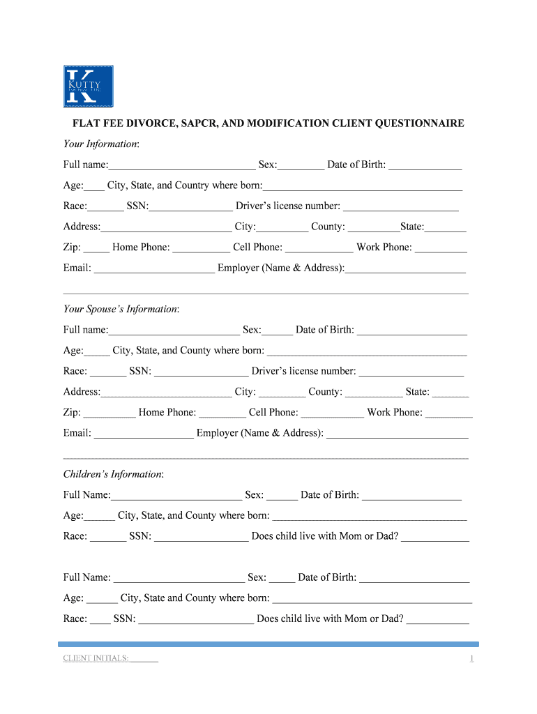 Fillable Online FLAT FEE DIVORCE, SAPCR, AND MODIFICATION CLIENT ...