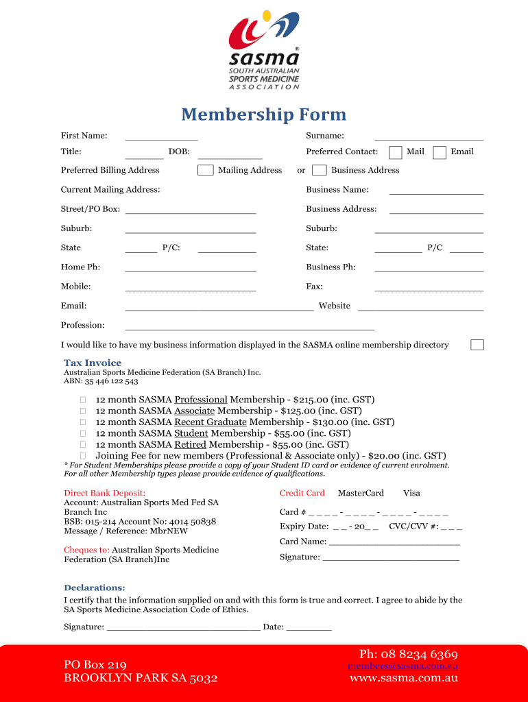 Fillable Online smasa asn Membership Form - smasa.asn.au - smasa asn ...