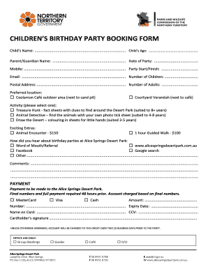 Fillable Online CHILDREN S BIRTHDAY PARTY BOOKING FORM Fax Email Print ...