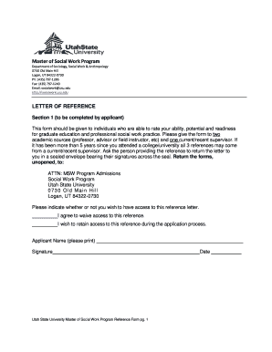 Fillable Online Letter of Recommendation - USU Social Work - Utah State ...