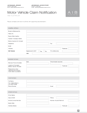 Fillable Online Motor Vehicle Claim Form - AIB Insurance Brokers Fax ...