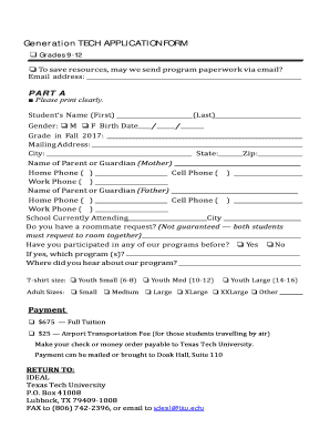 Fillable Online depts ttu Generation TECH APPLICATION FORM - depts.ttu ...