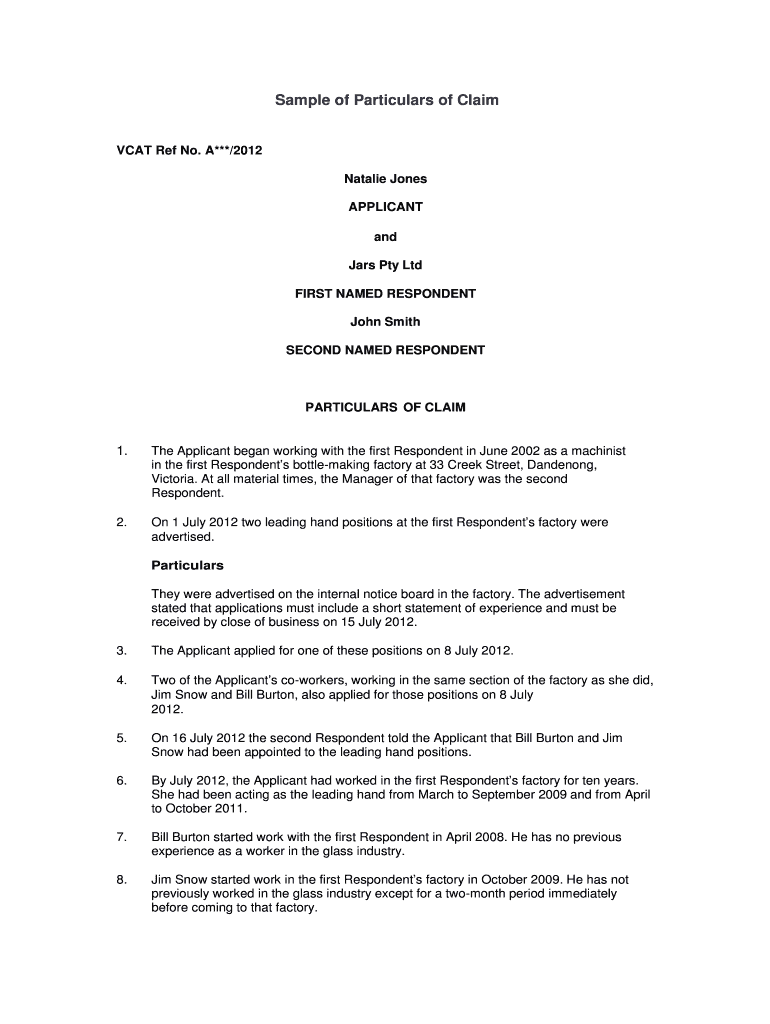 Fillable Online Sample of Particulars of Claim Fax Email Print - pdfFiller