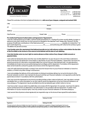 Fillable Online Monthly Payment Pre-Authorization - Quikcard Fax Email ...