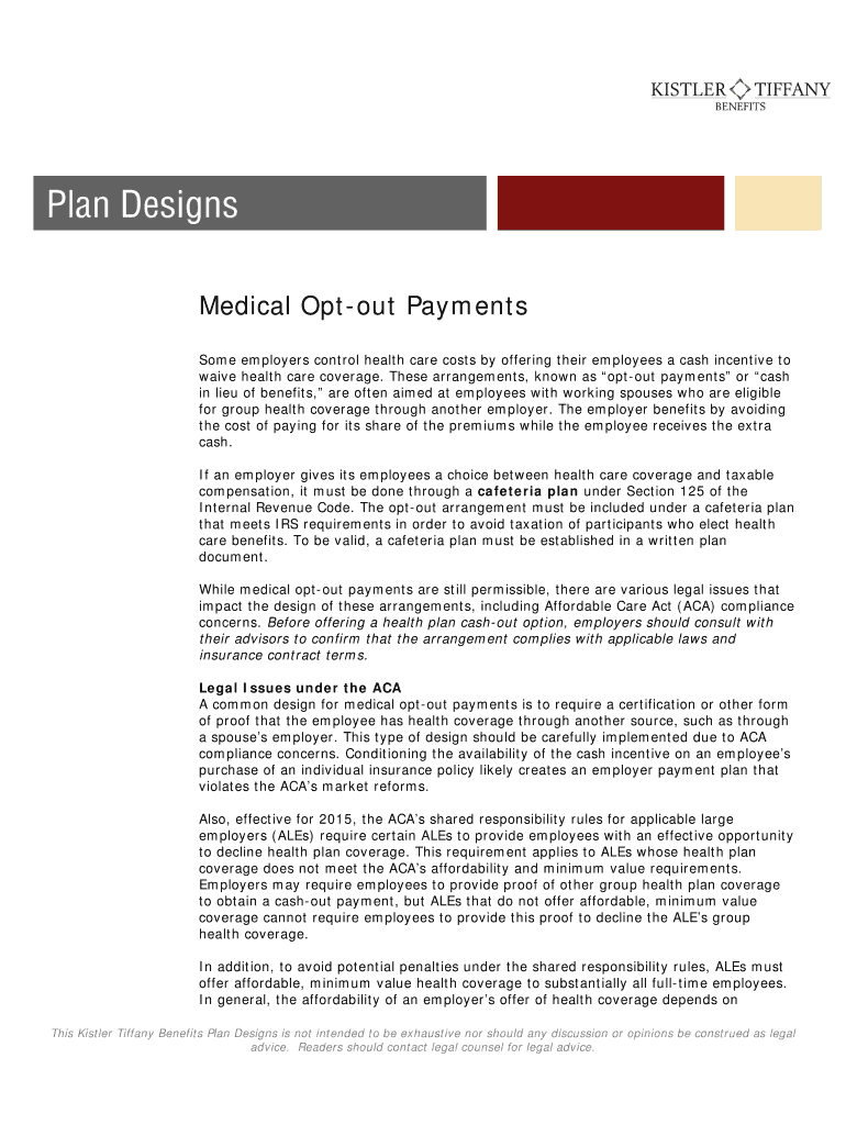 Fillable Online Medical Opt-out Payments - Kistler Tiffany Benefits Fax ...
